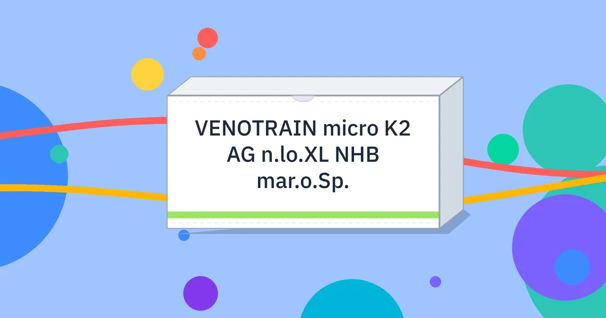 Symbolbild: Packung mit der Aufschrift VENOTRAIN micro K2 AG n.lo.XL NHB mar.o.Sp. (PZN 06699515) – Verfügbarkeit und Bezug in Apotheken in Frankfurt am Main
