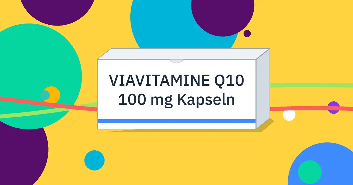 Symbolbild: Packung mit der Aufschrift VIAVITAMINE Q10 100 mg Kapseln (PZN 08880325) – Verfügbarkeit und Bezug in Apotheken in Frankfurt am Main