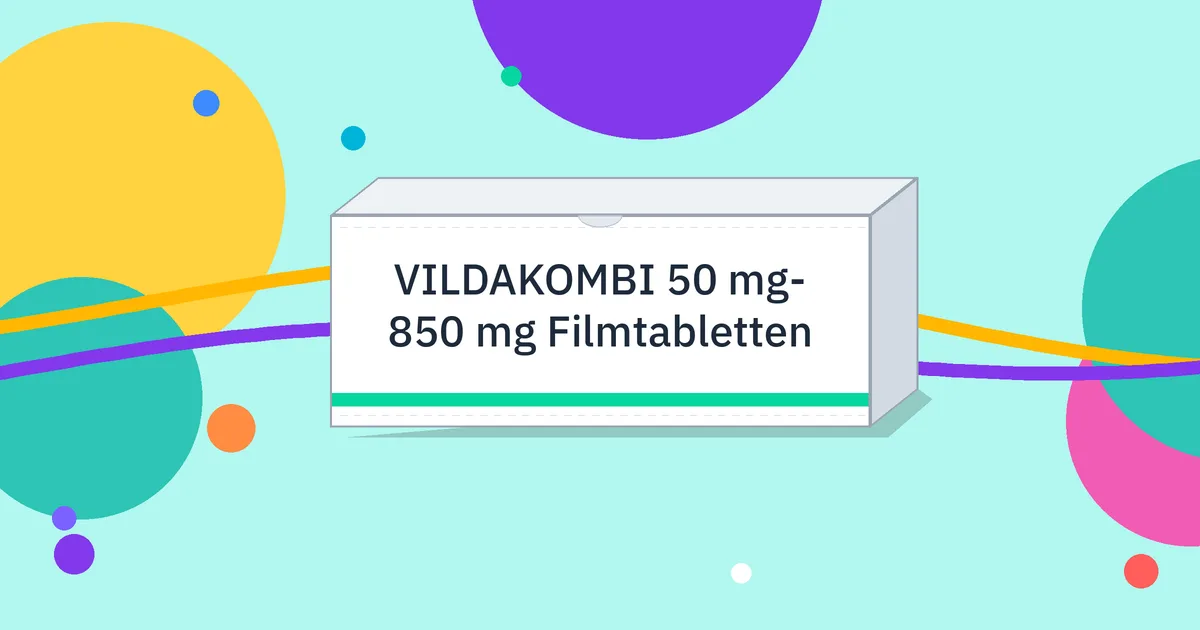 Symbolbild: Packung mit der Aufschrift VILDAKOMBI 50 mg-850 mg Filmtabletten (PZN 18112509) – Verfügbarkeit und Bezug in Apotheken in Frankfurt am Main