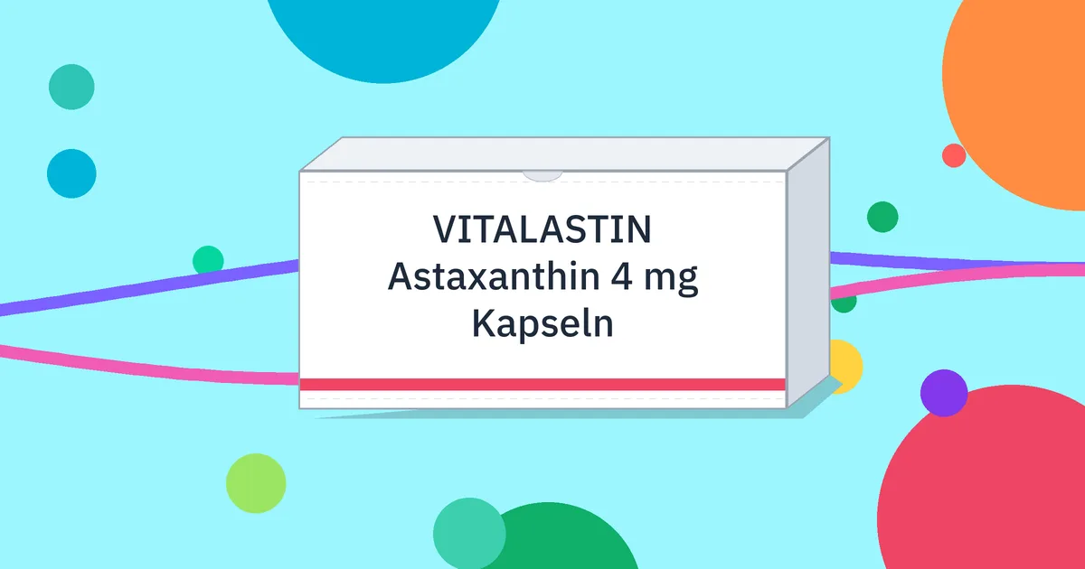 Symbolbild: Packung mit der Aufschrift VITALASTIN Astaxanthin 4 mg Kapseln (PZN 02468730) – Verfügbarkeit und Bezug in Apotheken in Frankfurt am Main