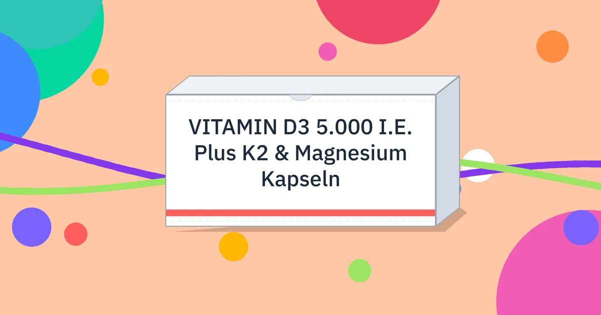 Symbolbild: Packung mit der Aufschrift VITAMIN D3 5.000 I.E. Plus K2 & Magnesium Kapseln (PZN 15737019) – Verfügbarkeit und Bezug in Apotheken in Frankfurt am Main