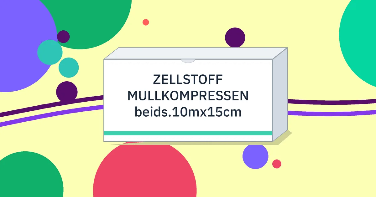 Symbolbild: Packung mit der Aufschrift ZELLSTOFF MULLKOMPRESSEN beids.10mx15cm (PZN 01723083) – Verfügbarkeit und Bezug in Apotheken in Frankfurt am Main