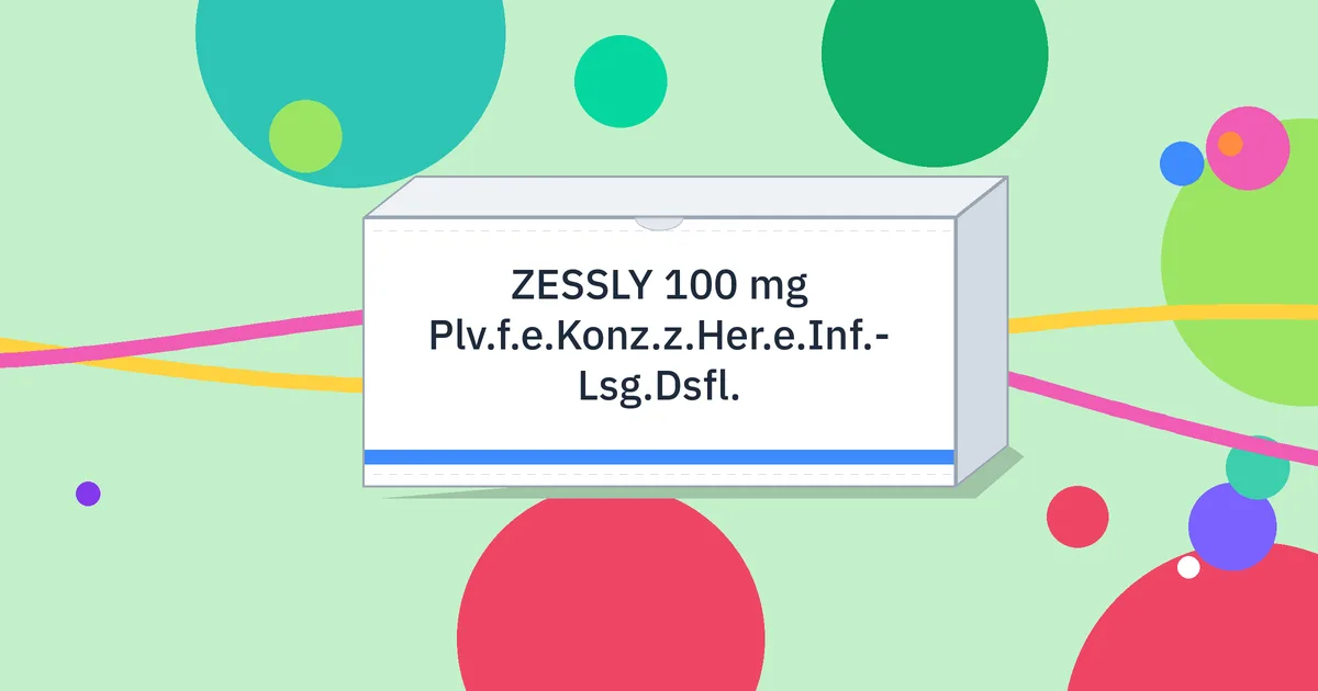 Symbolbild: Packung mit der Aufschrift ZESSLY 100 mg Plv.f.e.Konz.z.Her.e.Inf.-Lsg.Dsfl. (PZN 14018096) – Verfügbarkeit und Bezug in Apotheken in Frankfurt am Main