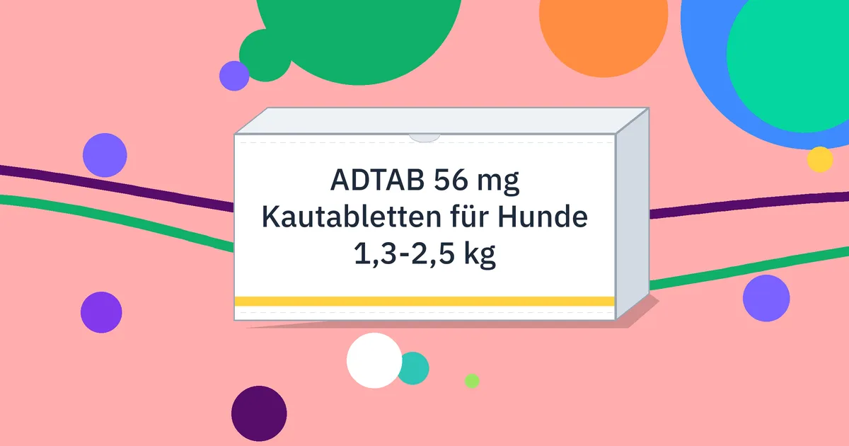 Symbolbild: Packung mit der Aufschrift ADTAB 56 mg Kautabletten für Hunde 1,3-2,5 kg (PZN 18752634) – Verfügbarkeit und Bezug in Apotheken in Frankfurt am Main