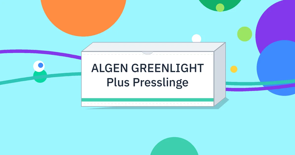 Symbolbild: Packung mit der Aufschrift ALGEN GREENLIGHT Plus Presslinge (PZN 04984298) – Verfügbarkeit und Bezug in Apotheken in Frankfurt am Main