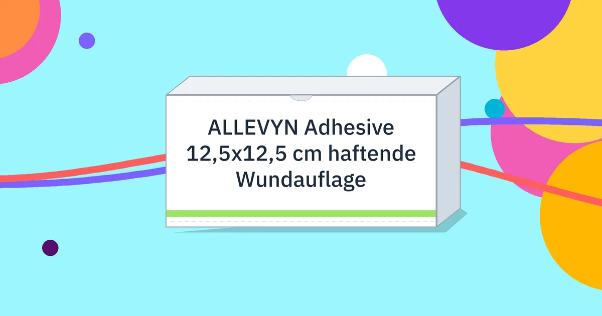 Symbolbild: Packung mit der Aufschrift ALLEVYN Adhesive 12,5x12,5 cm haftende Wundauflage (PZN 13504920) – Verfügbarkeit und Bezug in Apotheken in Frankfurt am Main