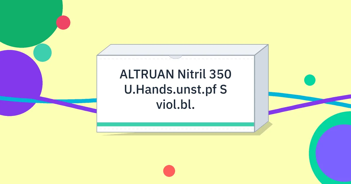 Symbolbild: Packung mit der Aufschrift ALTRUAN Nitril 350 U.Hands.unst.pf S viol.bl. (PZN 20114533) – Verfügbarkeit und Bezug in Apotheken in Frankfurt am Main