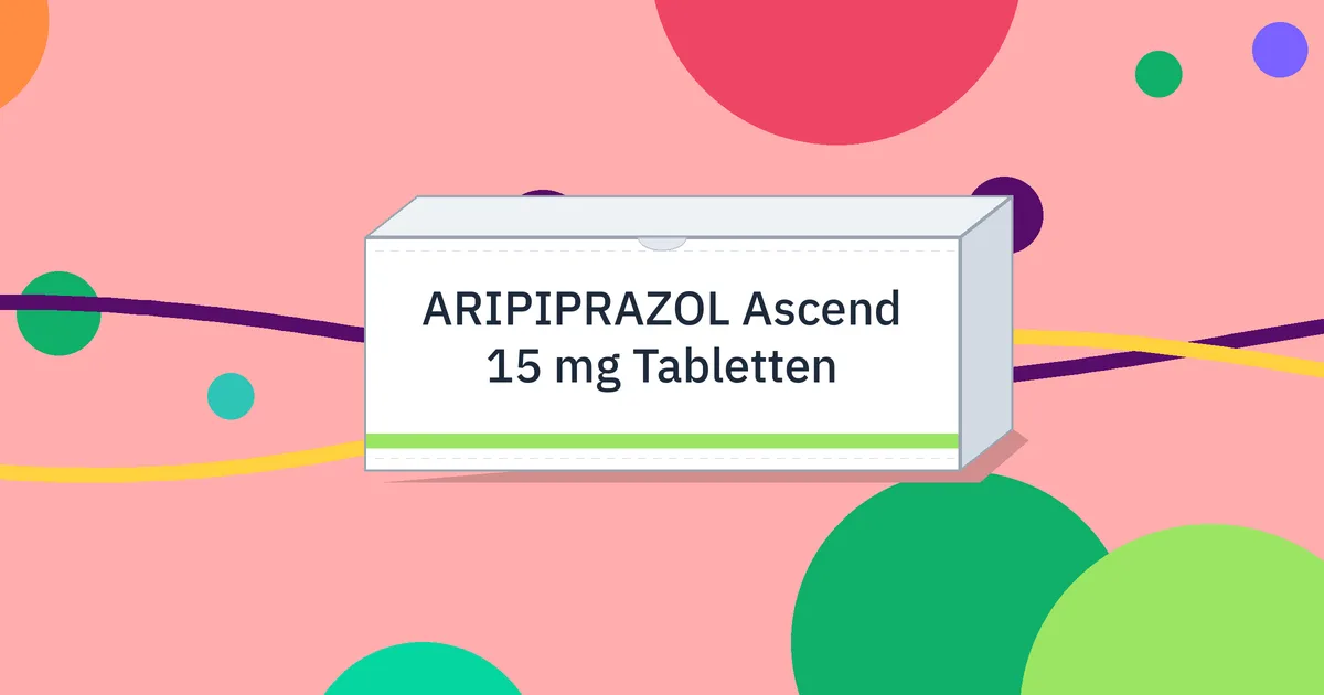 Symbolbild: Packung mit der Aufschrift ARIPIPRAZOL Ascend 15 mg Tabletten (PZN 18425415) – Verfügbarkeit und Bezug in Apotheken in Frankfurt am Main