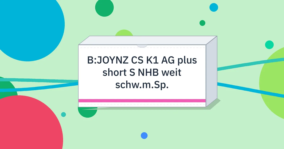 Symbolbild: Packung mit der Aufschrift B:JOYNZ CS K1 AG plus short S NHB weit schw.m.Sp. (PZN 20535619) – Verfügbarkeit und Bezug in Apotheken in Frankfurt am Main