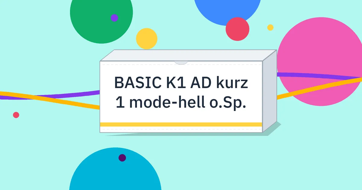 Symbolbild: Packung mit der Aufschrift BASIC K1 AD kurz 1 mode-hell o.Sp. (PZN 20256977) – Verfügbarkeit und Bezug in Apotheken in Frankfurt am Main