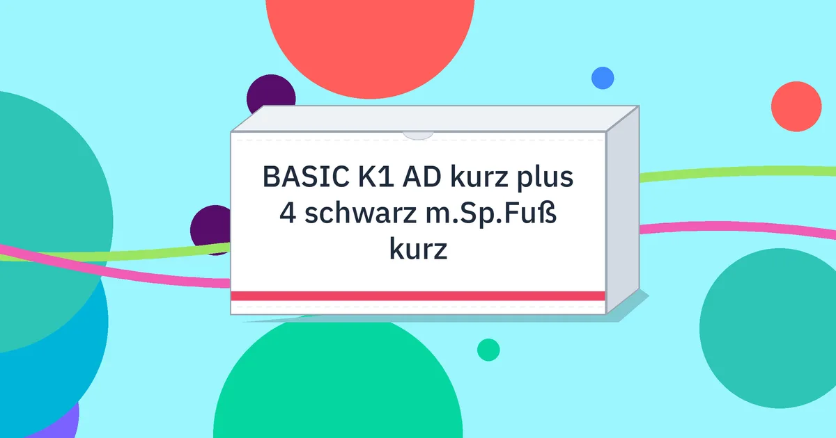 Symbolbild: Packung mit der Aufschrift BASIC K1 AD kurz plus 4 schwarz m.Sp.Fuß kurz (PZN 20258278) – Verfügbarkeit und Bezug in Apotheken in Frankfurt am Main