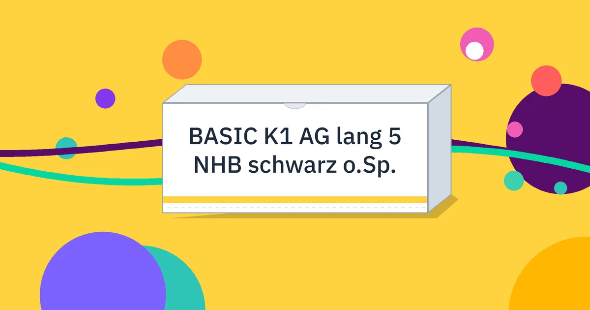 Symbolbild: Packung mit der Aufschrift BASIC K1 AG lang 5 NHB schwarz o.Sp. (PZN 20261197) – Verfügbarkeit und Bezug in Apotheken in Frankfurt am Main