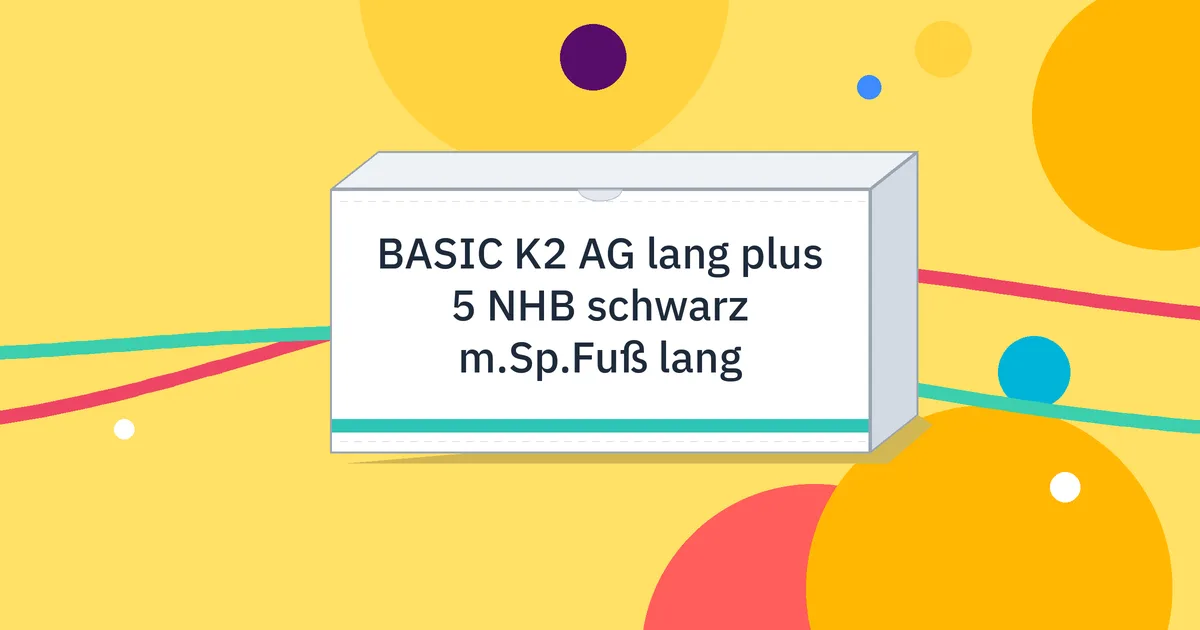 Symbolbild: Packung mit der Aufschrift BASIC K2 AG lang plus 5 NHB schwarz m.Sp.Fuß lang (PZN 20267917) – Verfügbarkeit und Bezug in Apotheken in Frankfurt am Main
