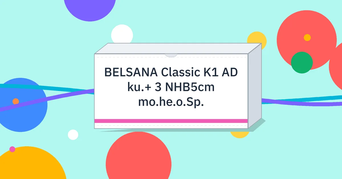 Symbolbild: Packung mit der Aufschrift BELSANA Classic K1 AD ku.+ 3 NHB5cm mo.he.o.Sp. (PZN 19255470) – Verfügbarkeit und Bezug in Apotheken in Frankfurt am Main