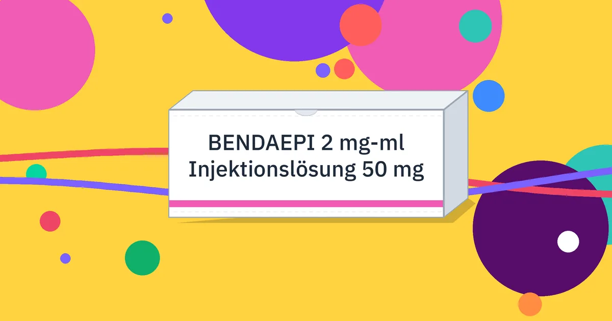 Symbolbild: Packung mit der Aufschrift BENDAEPI 2 mg-ml Injektionslösung 50 mg (PZN 04825832) – Verfügbarkeit und Bezug in Apotheken in Frankfurt am Main