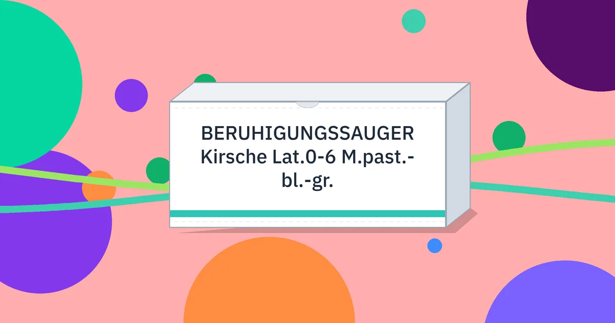 Symbolbild: Packung mit der Aufschrift BERUHIGUNGSSAUGER Kirsche Lat.0-6 M.past.-bl.-gr. (PZN 04790619) – Verfügbarkeit und Bezug in Apotheken in Frankfurt am Main