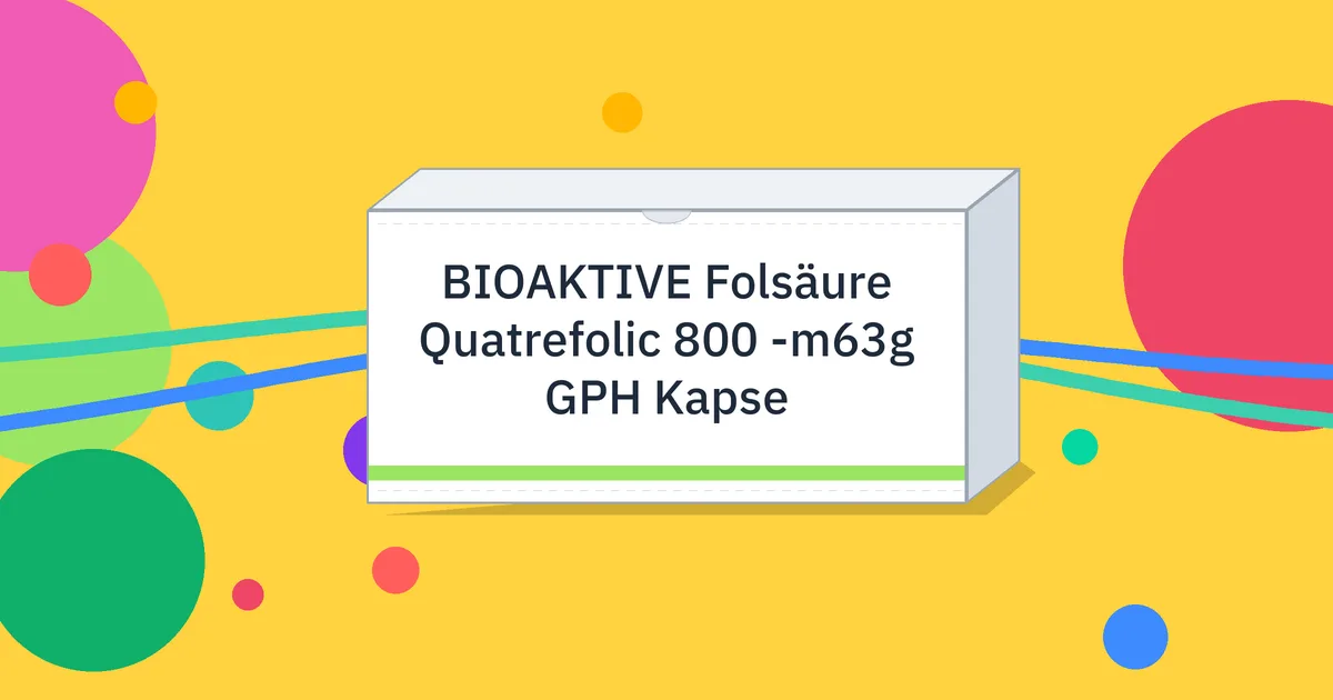 Symbolbild: Packung mit der Aufschrift BIOAKTIVE Folsäure Quatrefolic 800 -m63g GPH Kapse (PZN 18310385) – Verfügbarkeit und Bezug in Apotheken in Frankfurt am Main
