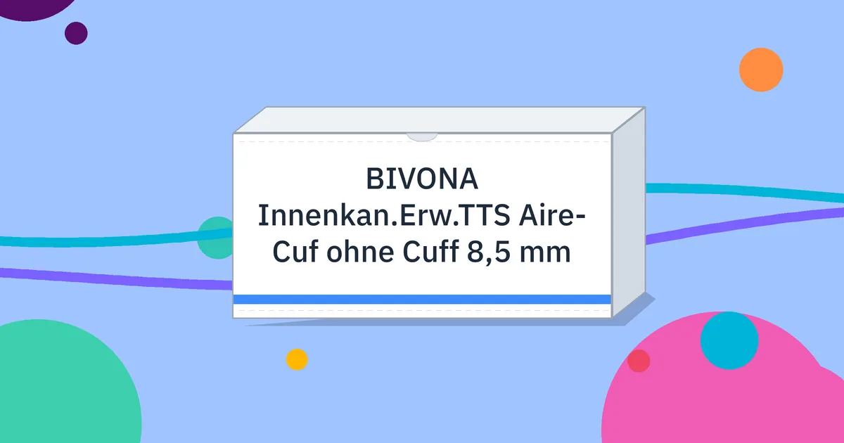 Symbolbild: Packung mit der Aufschrift BIVONA Innenkan.Erw.TTS Aire-Cuf ohne Cuff 8,5 mm (PZN 01301672) – Verfügbarkeit und Bezug in Apotheken in Frankfurt am Main