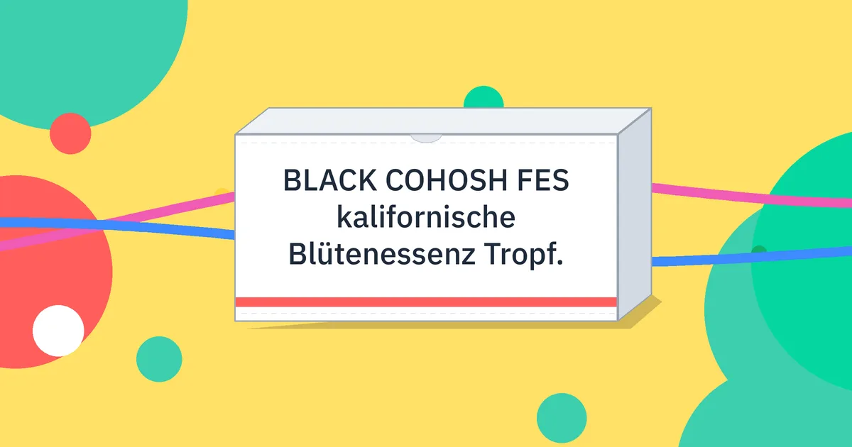 Symbolbild: Packung mit der Aufschrift BLACK COHOSH FES kalifornische Blütenessenz Tropf. (PZN 09171950) – Verfügbarkeit und Bezug in Apotheken in Frankfurt am Main