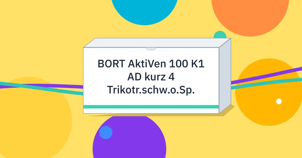 Symbolbild: Packung mit der Aufschrift BORT AktiVen 100 K1 AD kurz 4 Trikotr.schw.o.Sp. (PZN 14386977) – Verfügbarkeit und Bezug in Apotheken in Frankfurt am Main