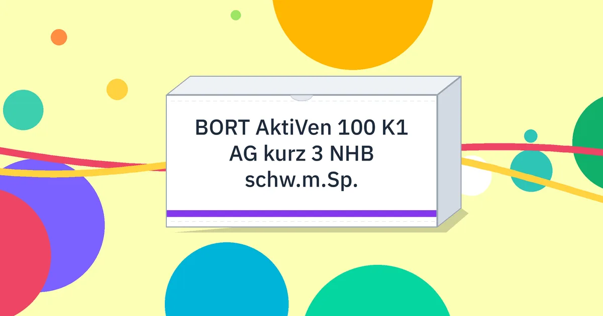 Symbolbild: Packung mit der Aufschrift BORT AktiVen 100 K1 AG kurz 3 NHB schw.m.Sp. (PZN 14388404) – Verfügbarkeit und Bezug in Apotheken in Frankfurt am Main