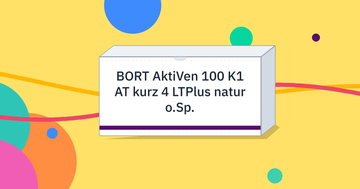 Symbolbild: Packung mit der Aufschrift BORT AktiVen 100 K1 AT kurz 4 LTPlus natur o.Sp. (PZN 18175450) – Verfügbarkeit und Bezug in Apotheken in Frankfurt am Main