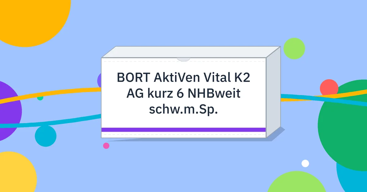 Symbolbild: Packung mit der Aufschrift BORT AktiVen Vital K2 AG kurz 6 NHBweit schw.m.Sp. (PZN 12385264) – Verfügbarkeit und Bezug in Apotheken in Frankfurt am Main
