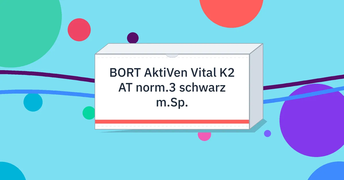Symbolbild: Packung mit der Aufschrift BORT AktiVen Vital K2 AT norm.3 schwarz m.Sp. (PZN 13740483) – Verfügbarkeit und Bezug in Apotheken in Frankfurt am Main