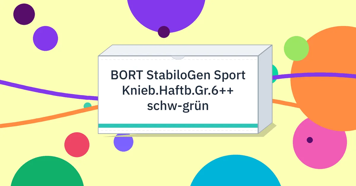 Symbolbild: Packung mit der Aufschrift BORT StabiloGen Sport Knieb.Haftb.Gr.6++ schw-grün (PZN 19111357) – Verfügbarkeit und Bezug in Apotheken in Frankfurt am Main