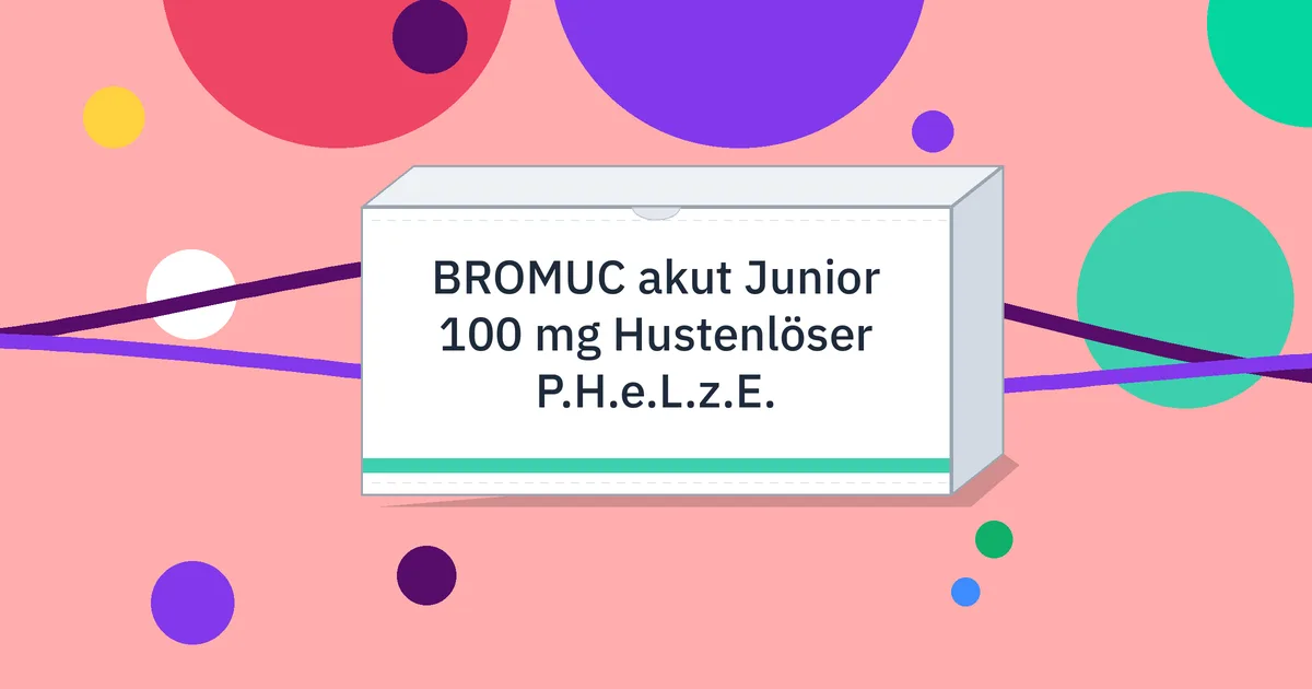 Symbolbild: Packung mit der Aufschrift BROMUC akut Junior 100 mg Hustenlöser P.H.e.L.z.E. (PZN 11353196) – Verfügbarkeit und Bezug in Apotheken in Frankfurt am Main