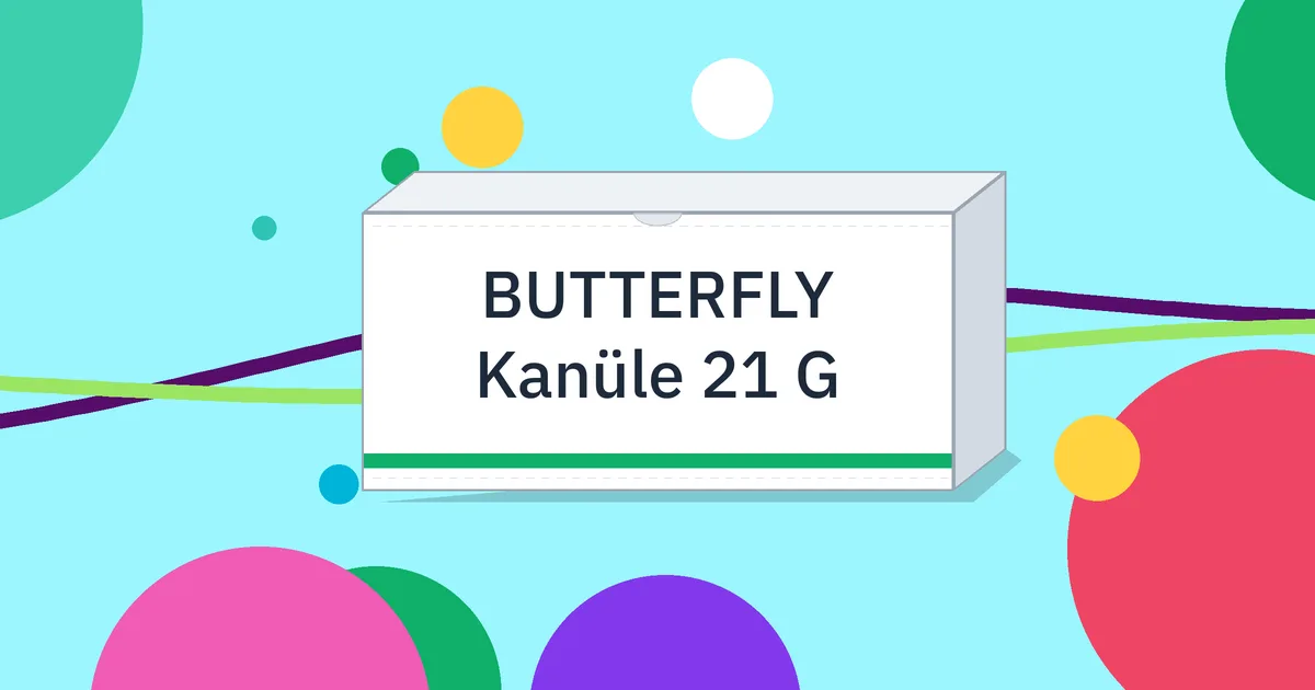 Symbolbild: Packung mit der Aufschrift BUTTERFLY Kanüle 21 G (PZN 00480520) – Verfügbarkeit und Bezug in Apotheken in Frankfurt am Main