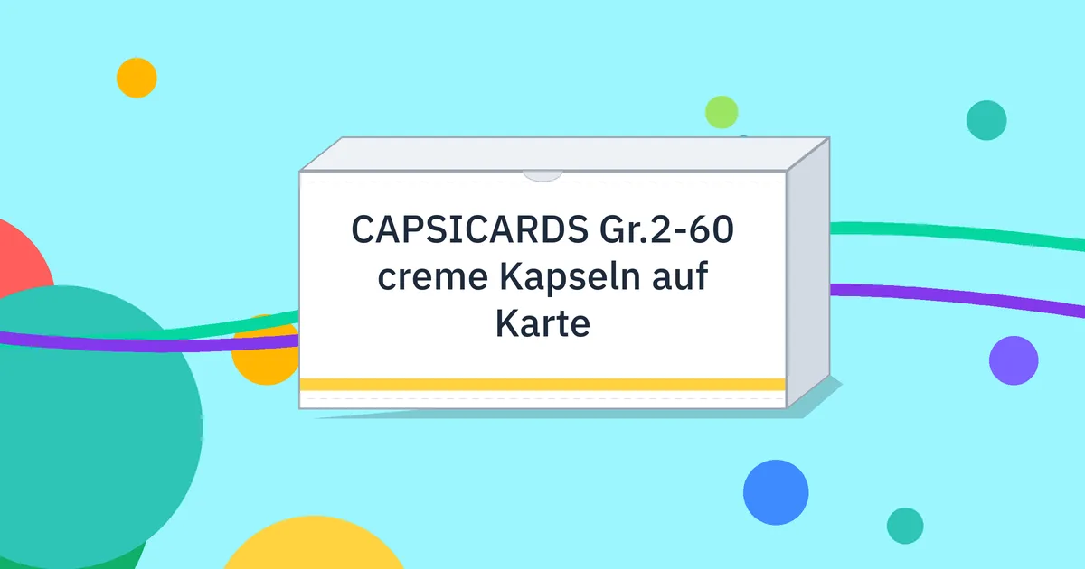 Symbolbild: Packung mit der Aufschrift CAPSICARDS Gr.2-60 creme Kapseln auf Karte (PZN 11000090) – Verfügbarkeit und Bezug in Apotheken in Frankfurt am Main