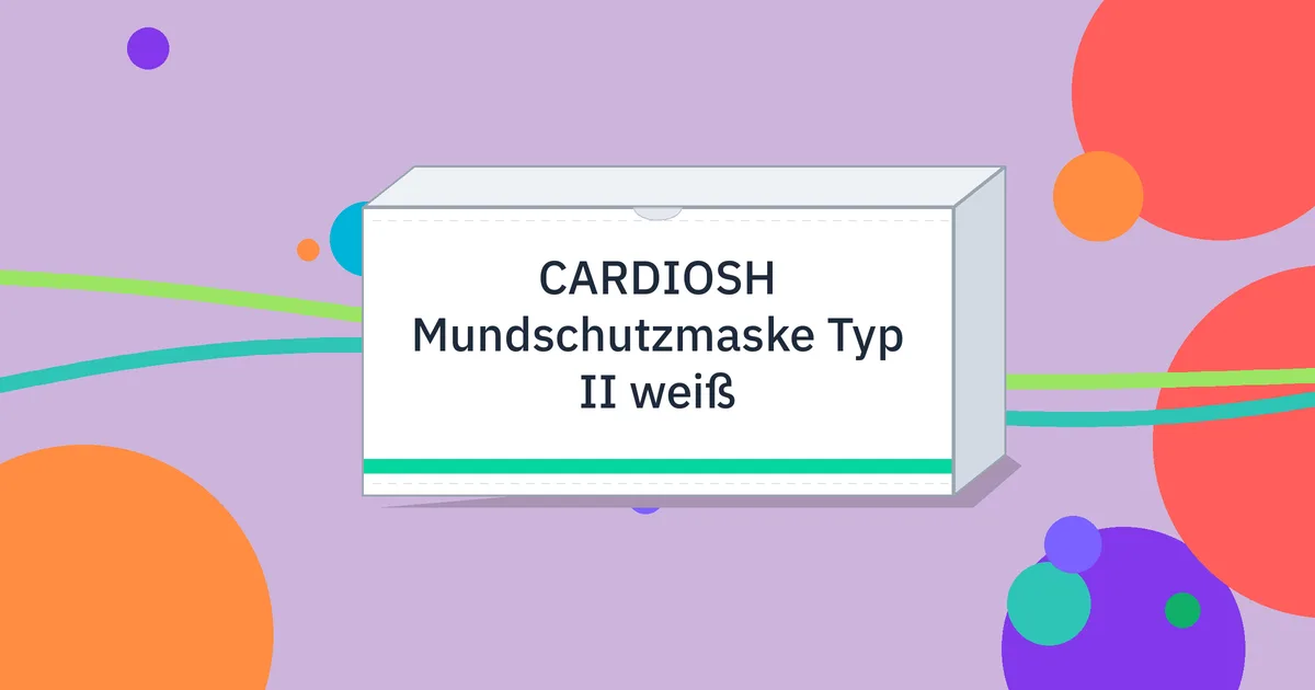 Symbolbild: Packung mit der Aufschrift CARDIOSH Mundschutzmaske Typ II weiß (PZN 18262108) – Verfügbarkeit und Bezug in Apotheken in Frankfurt am Main