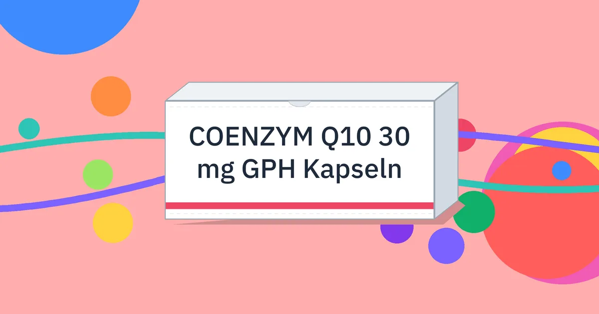 Symbolbild: Packung mit der Aufschrift COENZYM Q10 30 mg GPH Kapseln (PZN 06832687) – Verfügbarkeit und Bezug in Apotheken in Frankfurt am Main