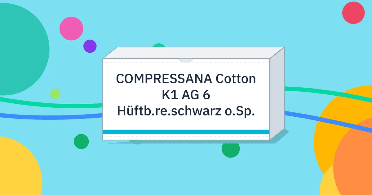 Symbolbild: Packung mit der Aufschrift COMPRESSANA Cotton K1 AG 6 Hüftb.re.schwarz o.Sp. (PZN 12980908) – Verfügbarkeit und Bezug in Apotheken in Frankfurt am Main