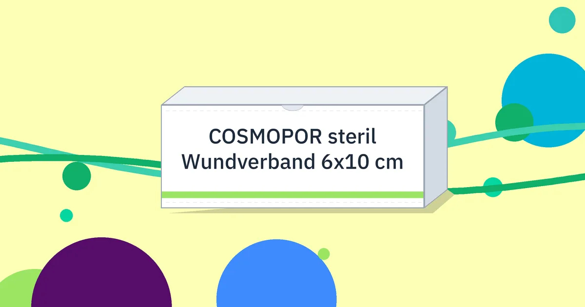 Symbolbild: Packung mit der Aufschrift COSMOPOR steril Wundverband 6x10 cm (PZN 18715455) – Verfügbarkeit und Bezug in Apotheken in Frankfurt am Main