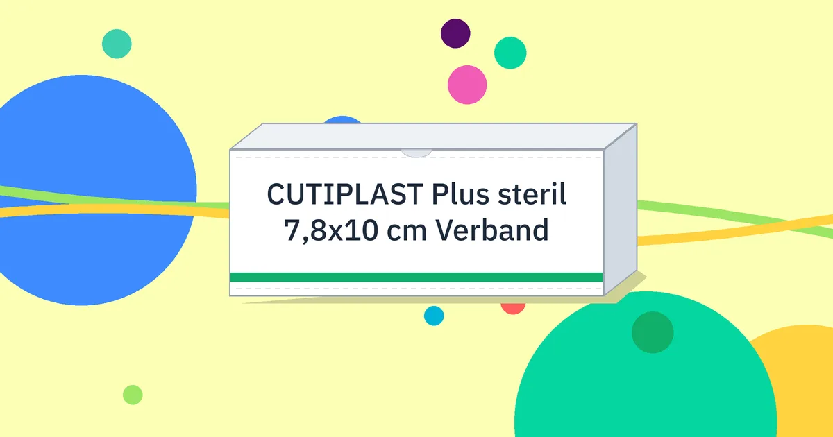 Symbolbild: Packung mit der Aufschrift CUTIPLAST Plus steril 7,8x10 cm Verband (PZN 20543725) – Verfügbarkeit und Bezug in Apotheken in Frankfurt am Main