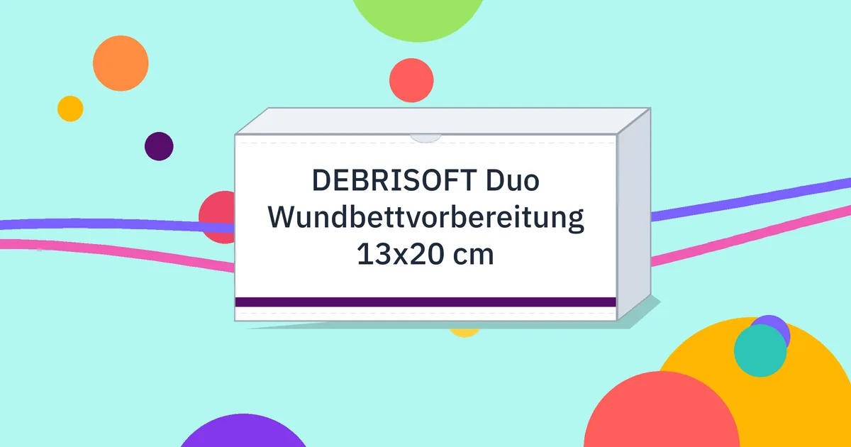 Symbolbild: Packung mit der Aufschrift DEBRISOFT Duo Wundbettvorbereitung 13x20 cm (PZN 19344989) – Verfügbarkeit und Bezug in Apotheken in Frankfurt am Main