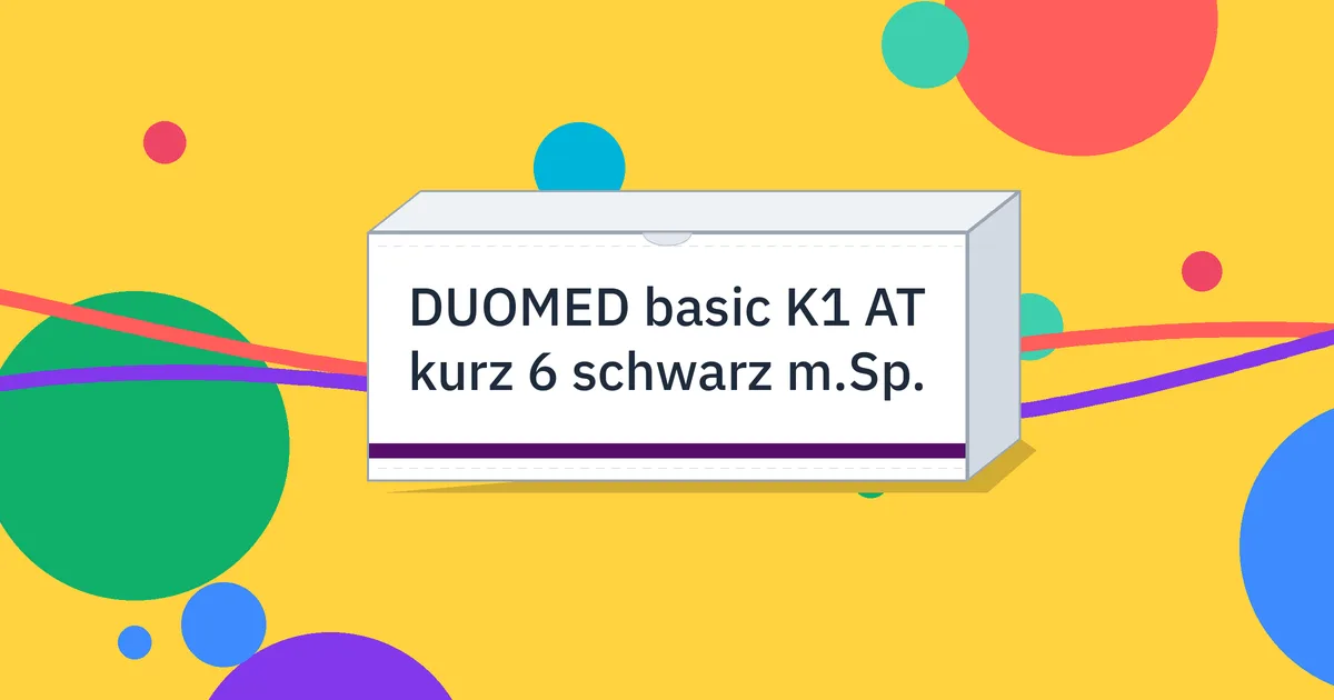 Symbolbild: Packung mit der Aufschrift DUOMED basic K1 AT kurz 6 schwarz m.Sp. (PZN 20903141) – Verfügbarkeit und Bezug in Apotheken in Frankfurt am Main