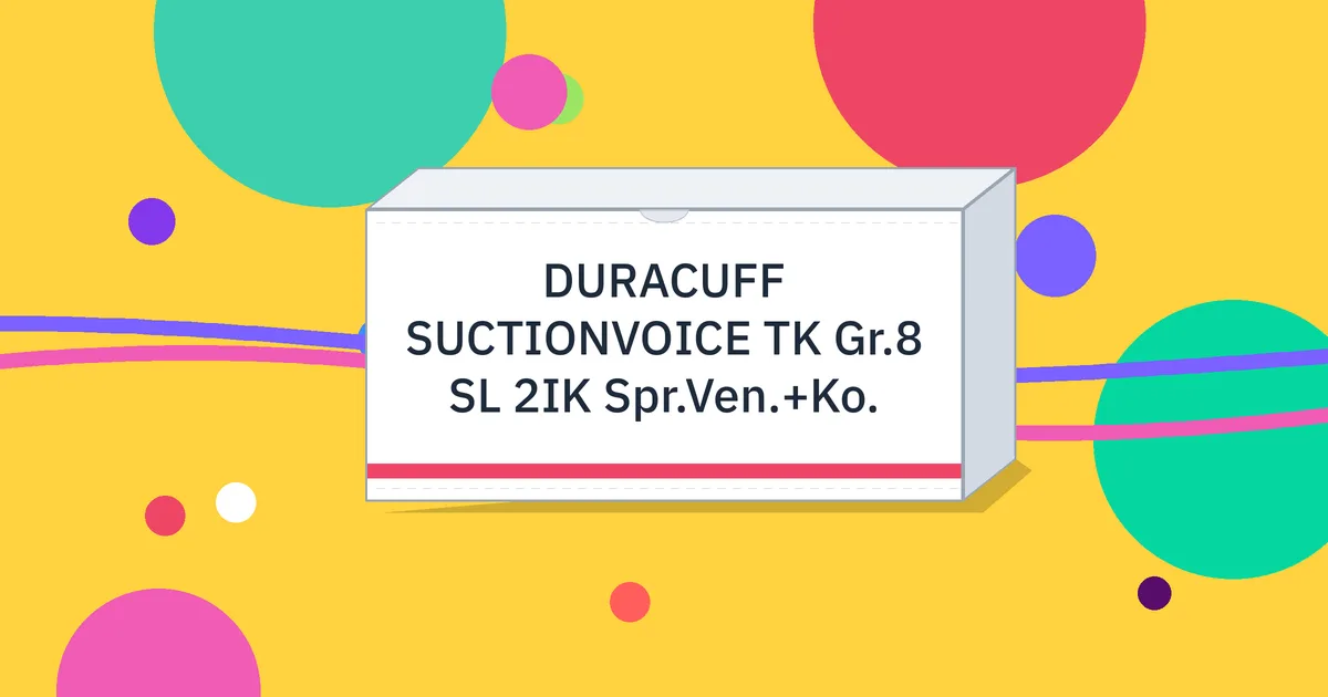 Symbolbild: Packung mit der Aufschrift DURACUFF SUCTIONVOICE TK Gr.8 SL 2IK Spr.Ven.+Ko. (PZN 04959998) – Verfügbarkeit und Bezug in Apotheken in Frankfurt am Main