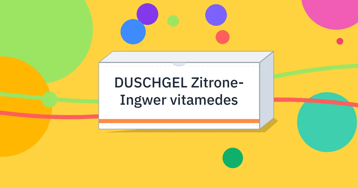 Symbolbild: Packung mit der Aufschrift DUSCHGEL Zitrone-Ingwer vitamedes (PZN 19782583) – Verfügbarkeit und Bezug in Apotheken in Frankfurt am Main