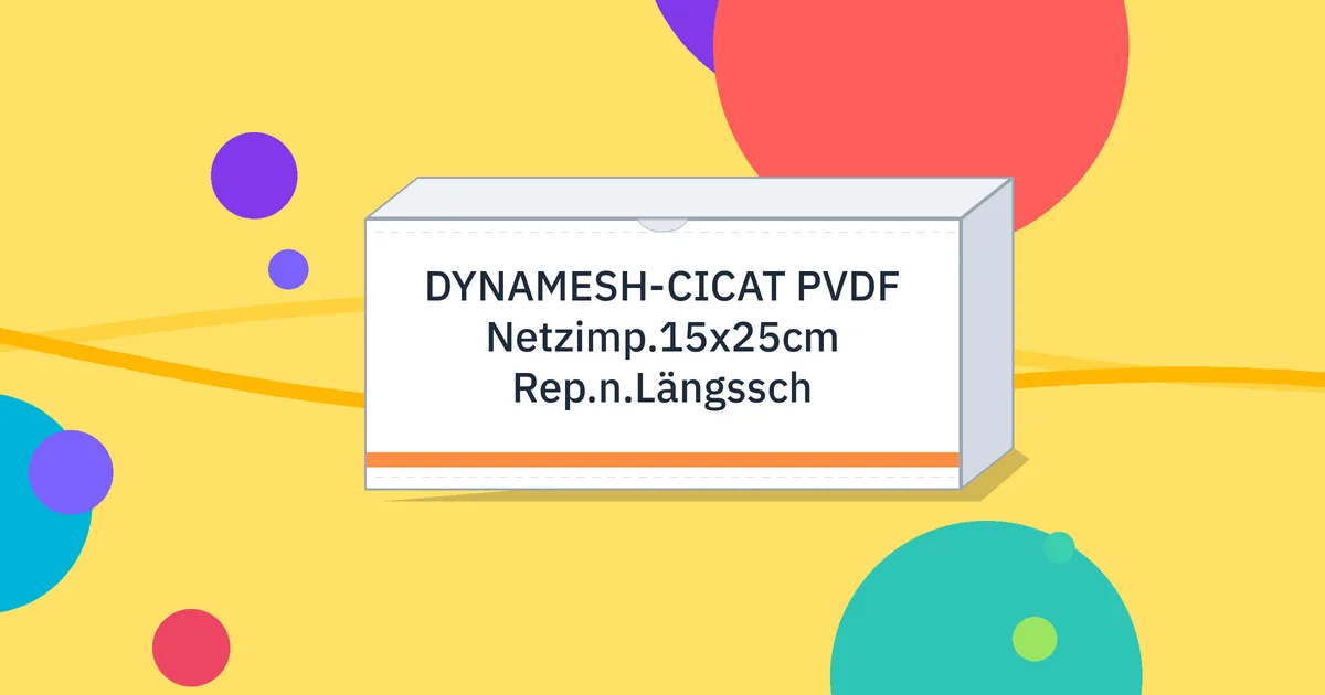 Symbolbild: Packung mit der Aufschrift DYNAMESH-CICAT PVDF Netzimp.15x25cm Rep.n.Längssch (PZN 19372454) – Verfügbarkeit und Bezug in Apotheken in Frankfurt am Main