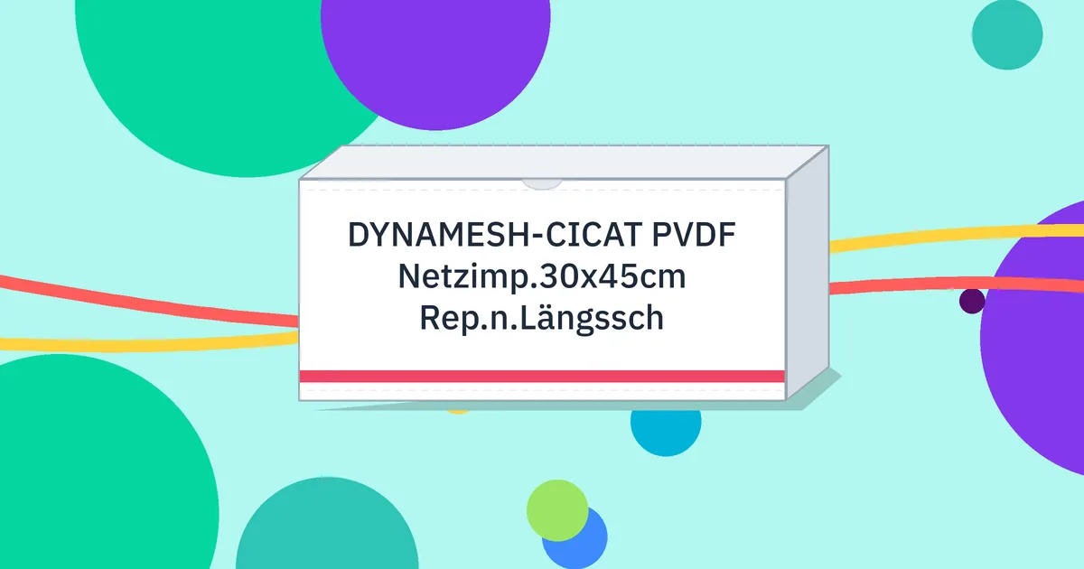 Symbolbild: Packung mit der Aufschrift DYNAMESH-CICAT PVDF Netzimp.30x45cm Rep.n.Längssch (PZN 19389733) – Verfügbarkeit und Bezug in Apotheken in Frankfurt am Main