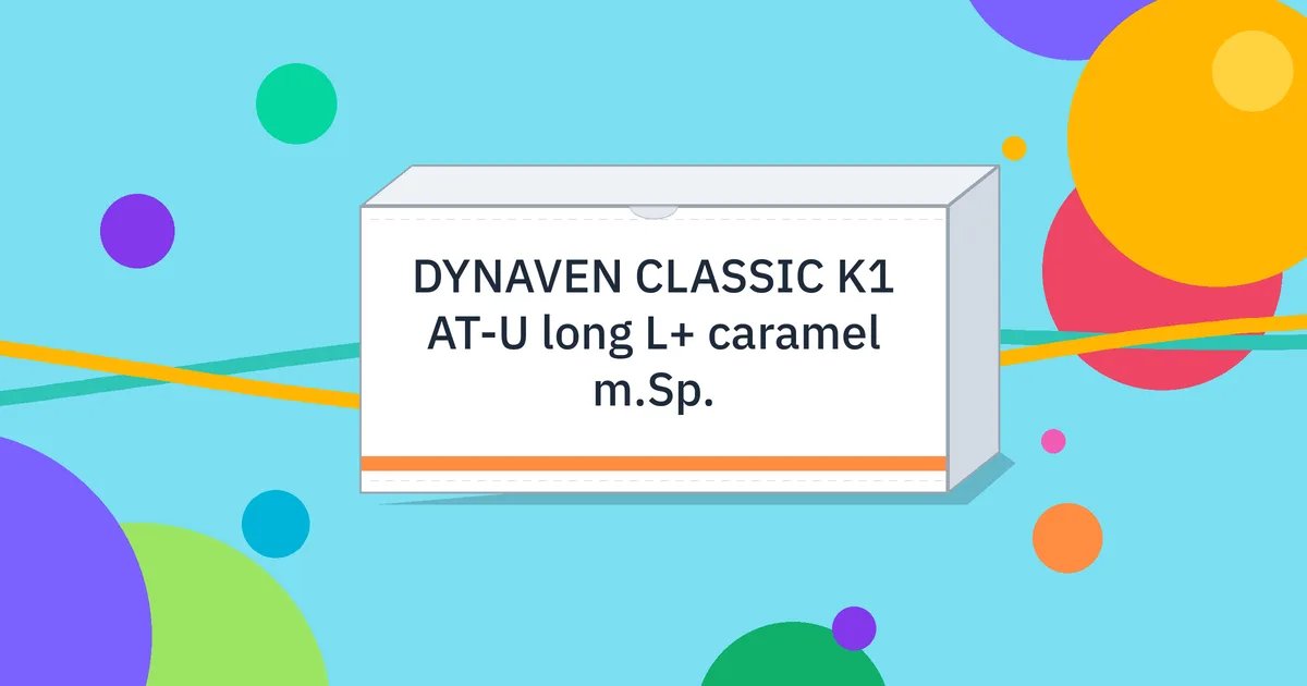 Symbolbild: Packung mit der Aufschrift DYNAVEN CLASSIC K1 AT-U long L+ caramel m.Sp. (PZN 18417054) – Verfügbarkeit und Bezug in Apotheken in Frankfurt am Main