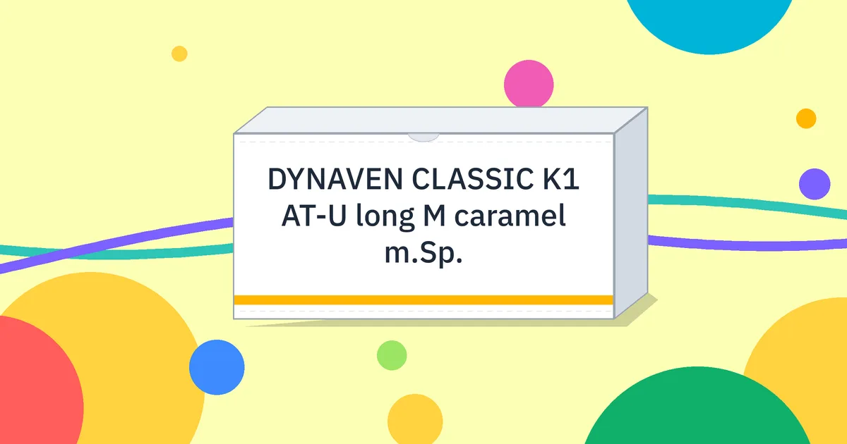 Symbolbild: Packung mit der Aufschrift DYNAVEN CLASSIC K1 AT-U long M caramel m.Sp. (PZN 18416971) – Verfügbarkeit und Bezug in Apotheken in Frankfurt am Main