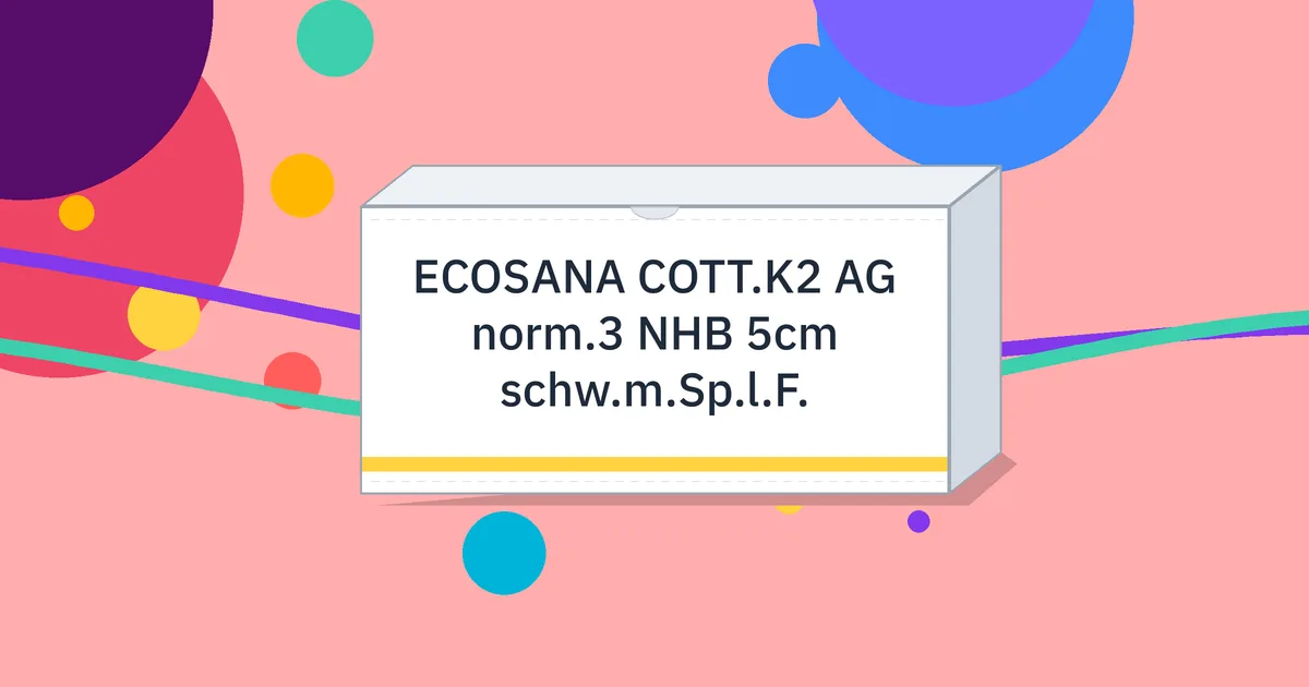 Symbolbild: Packung mit der Aufschrift ECOSANA COTT.K2 AG norm.3 NHB 5cm schw.m.Sp.l.F. (PZN 16949309) – Verfügbarkeit und Bezug in Apotheken in Frankfurt am Main