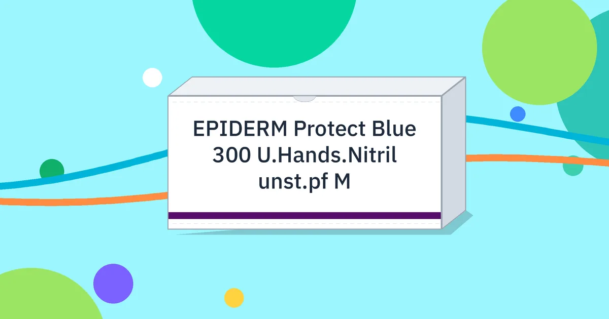 Symbolbild: Packung mit der Aufschrift EPIDERM Protect Blue 300 U.Hands.Nitril unst.pf M (PZN 17896609) – Verfügbarkeit und Bezug in Apotheken in Frankfurt am Main