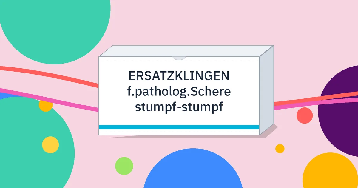 Symbolbild: Packung mit der Aufschrift ERSATZKLINGEN f.patholog.Schere stumpf-stumpf (PZN 07696045) – Verfügbarkeit und Bezug in Apotheken in Frankfurt am Main