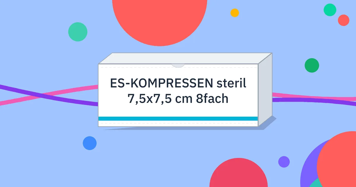 Symbolbild: Packung mit der Aufschrift ES-KOMPRESSEN steril 7,5x7,5 cm 8fach (PZN 16829574) – Verfügbarkeit und Bezug in Apotheken in Frankfurt am Main