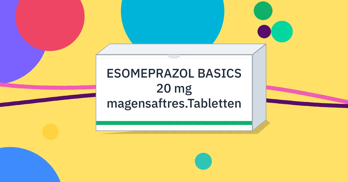 Symbolbild: Packung mit der Aufschrift ESOMEPRAZOL BASICS 20 mg magensaftres.Tabletten (PZN 08845211) – Verfügbarkeit und Bezug in Apotheken in Frankfurt am Main
